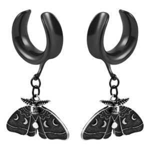 doearko 2pcs black butterfly dangle saddle ear plugs body piercing tunnels 316 stainless steel hypoallergenic earrings plugs for ears expander body jewelry (10mm(00g), black)