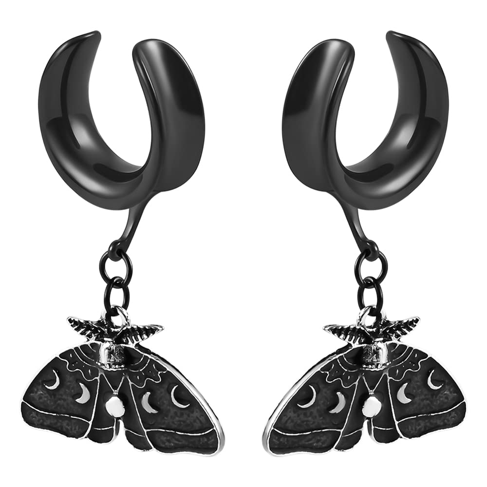 DOEARKO 2PCS Black Butterfly Dangle Saddle Ear Plugs Body Piercing Tunnels 316 Stainless Steel Hypoallergenic Earrings Plugs for Ears Expander Body Jewelry (10mm(00G), Black)