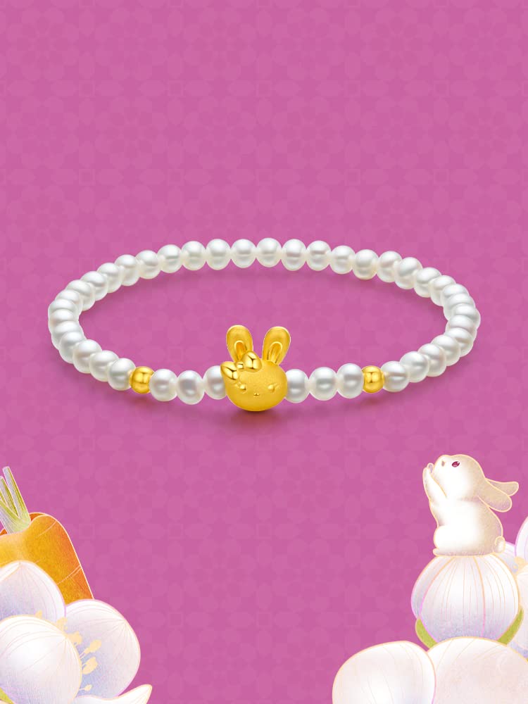 ZHOU LIU FU 24K Solid Gold Bracelets for Women, Stretchable Real Gold Rabbit Freshwater Pearl Bangle Charm Bracelets, Pure Gold White Pearls Bunny Bracelet