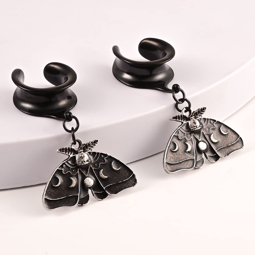 DOEARKO 2PCS Black Butterfly Dangle Saddle Ear Plugs Body Piercing Tunnels 316 Stainless Steel Hypoallergenic Earrings Plugs for Ears Expander Body Jewelry (10mm(00G), Black)