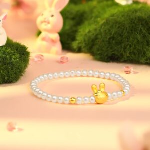 ZHOU LIU FU 24K Solid Gold Bracelets for Women, Stretchable Real Gold Rabbit Freshwater Pearl Bangle Charm Bracelets, Pure Gold White Pearls Bunny Bracelet