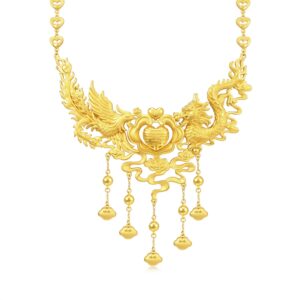 chow sang sang chinese wedding collection 999 24k solid gold price-by-weight 45.28g gold dragon phoenix with ruyi lock necklace for women and wedding occasion 93432n | 18.5 inches, (47 cm)