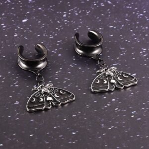 DOEARKO 2PCS Black Butterfly Dangle Saddle Ear Plugs Body Piercing Tunnels 316 Stainless Steel Hypoallergenic Earrings Plugs for Ears Expander Body Jewelry (10mm(00G), Black)