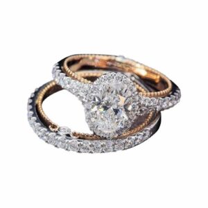 2pcs women engagement ring cz simulated diamond ring set with oval solitaire proposal rings wedding bands (rose gold, 7)