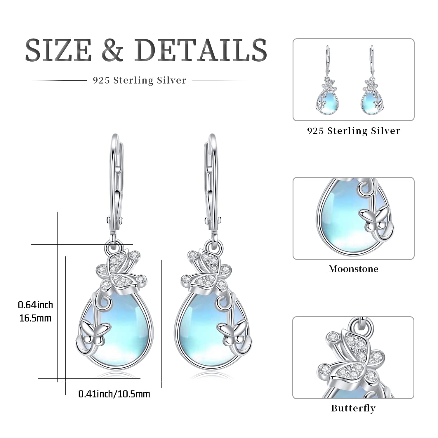 Butterfly Earrings 925 Sterling Silver Butterfly Dangle Drop Earrings with Moonstone Butterfly Leverback Jewelry Gifts for Women Girlfriends