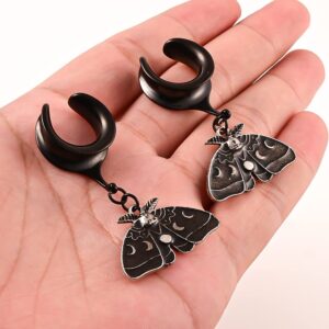 DOEARKO 2PCS Black Butterfly Dangle Saddle Ear Plugs Body Piercing Tunnels 316 Stainless Steel Hypoallergenic Earrings Plugs for Ears Expander Body Jewelry (10mm(00G), Black)