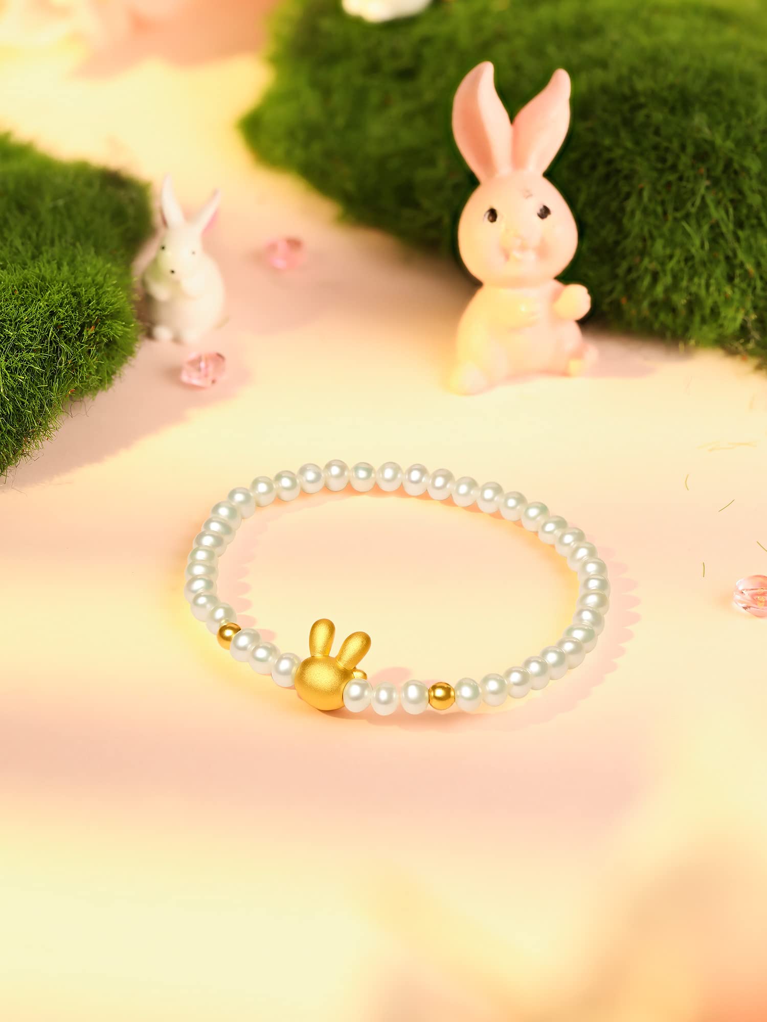 ZHOU LIU FU 24K Solid Gold Bracelets for Women, Stretchable Real Gold Rabbit Freshwater Pearl Bangle Charm Bracelets, Pure Gold White Pearls Bunny Bracelet