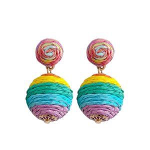 bohemian woven rattan straw wicker raffia ball drop dangle earring for women handmade lightweight statement geometric round earring retro boho summer beach jewelry-k rainbow-2