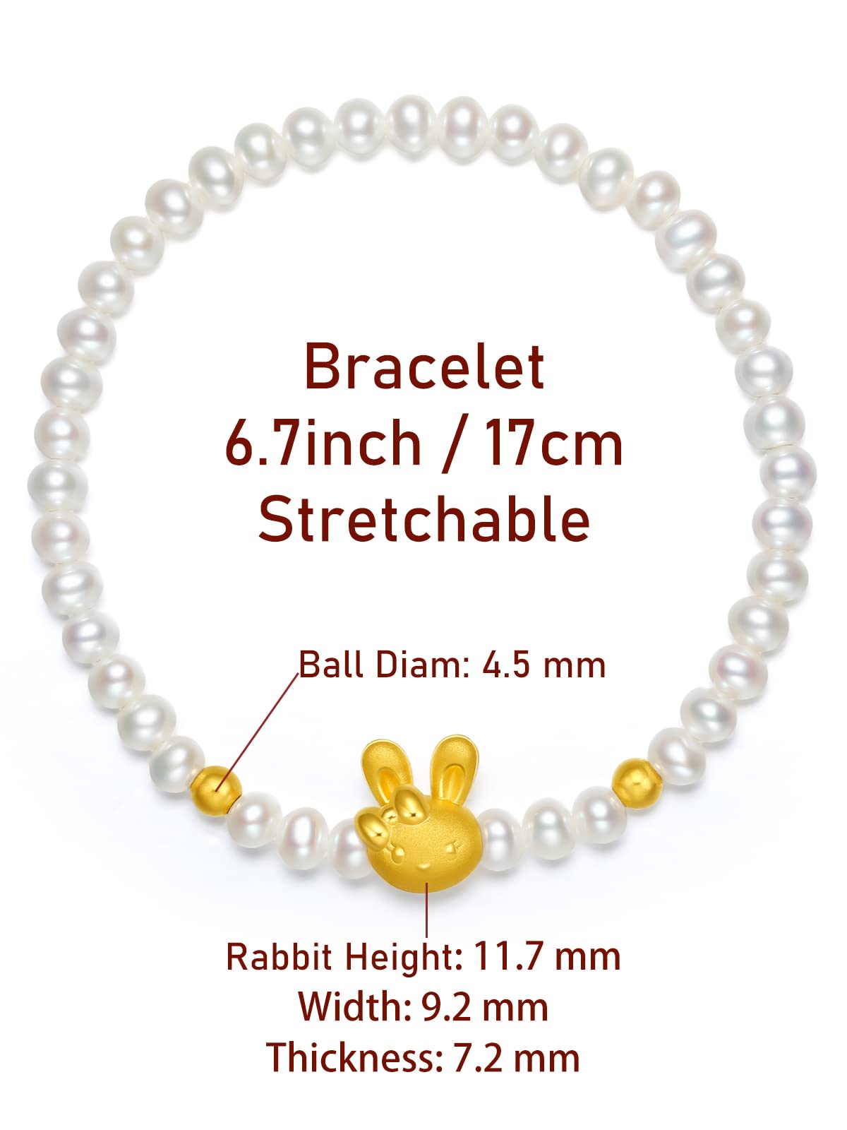 ZHOU LIU FU 24K Solid Gold Bracelets for Women, Stretchable Real Gold Rabbit Freshwater Pearl Bangle Charm Bracelets, Pure Gold White Pearls Bunny Bracelet