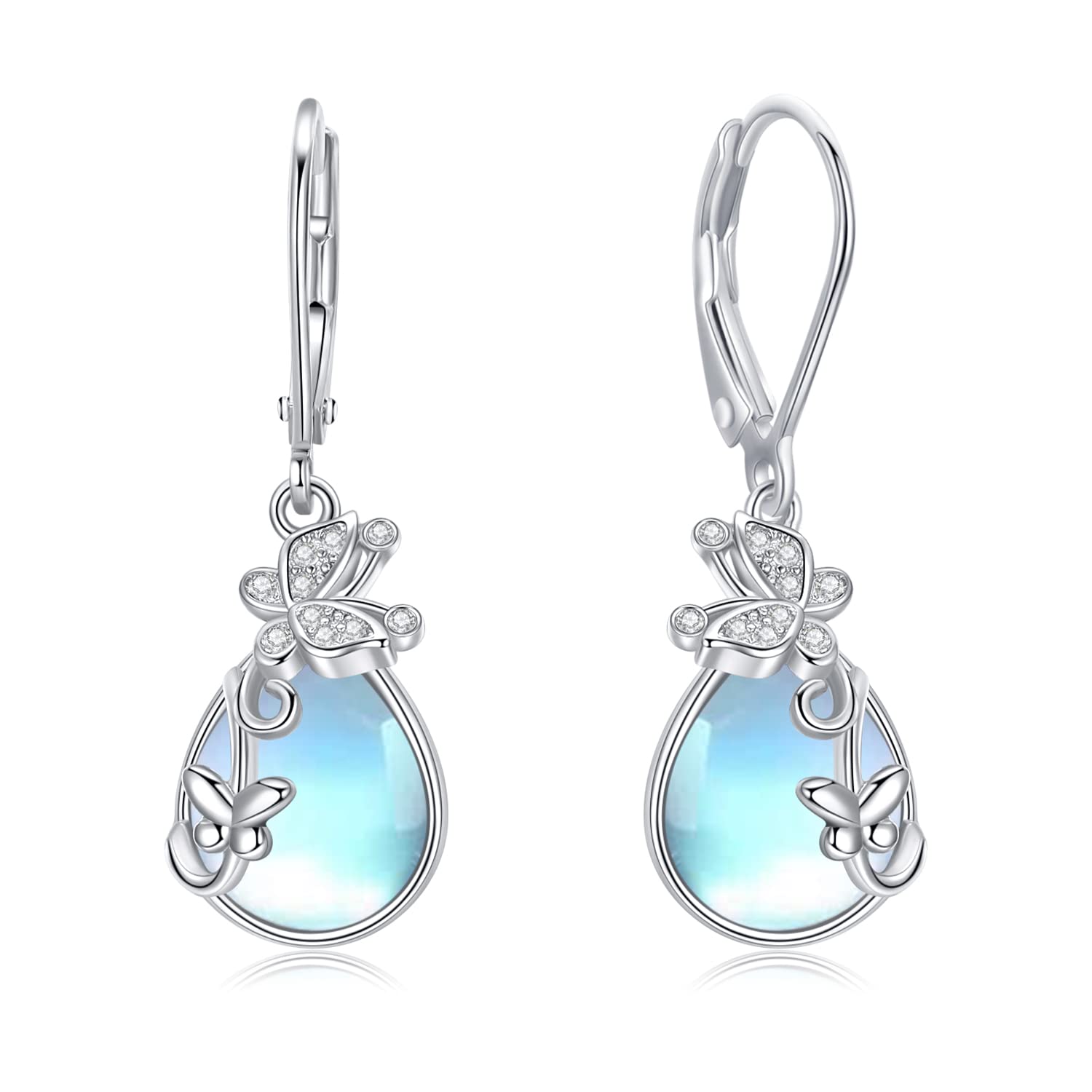 Butterfly Earrings 925 Sterling Silver Butterfly Dangle Drop Earrings with Moonstone Butterfly Leverback Jewelry Gifts for Women Girlfriends