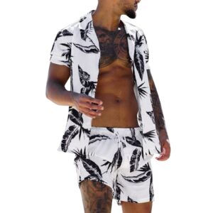 Men 2 Piece Outfit Summer Stylish Casual Hawaiian Tracksuit Graphic Tees Tank Tops Beach Shirts and Shots Sets Pockets A-White