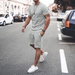 Men 2 Piece Outfits Summer Casual Crew Neck Muscle Short Sleeve Tee Shirts and Classic Fit Sport Shorts Set Tracksuit B-Grey