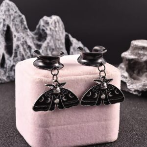 DOEARKO 2PCS Black Butterfly Dangle Saddle Ear Plugs Body Piercing Tunnels 316 Stainless Steel Hypoallergenic Earrings Plugs for Ears Expander Body Jewelry (10mm(00G), Black)