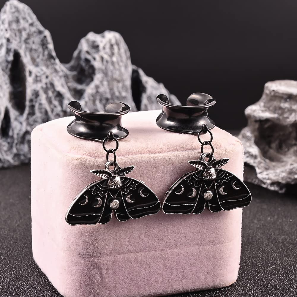 DOEARKO 2PCS Black Butterfly Dangle Saddle Ear Plugs Body Piercing Tunnels 316 Stainless Steel Hypoallergenic Earrings Plugs for Ears Expander Body Jewelry (10mm(00G), Black)