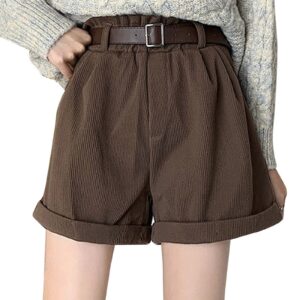 women's solid high waisted wide leg casual pleated shorts with pocket summer casual shorts with belt (coffee, xxl)