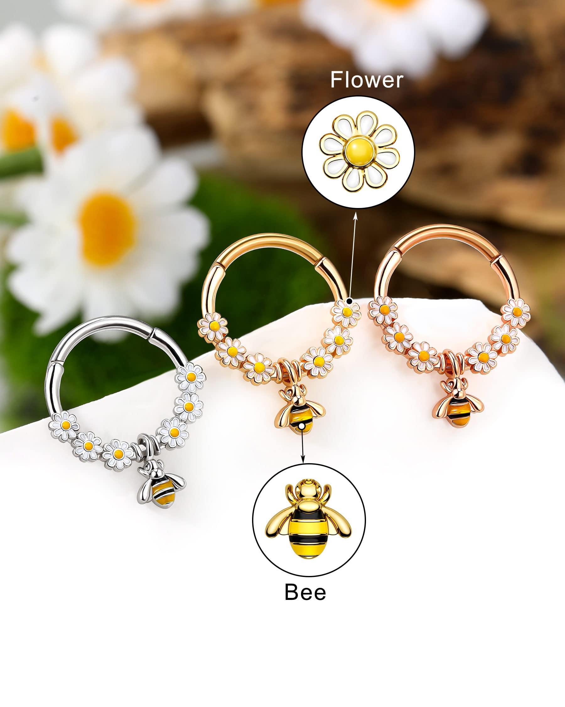 Melighting Bee Septum Rings 16G Dangle Septum Jewelry Stainless Steel 316L Flower Septum Ring Cute Daith Earrings Helix Earring Cartilage Tragus Piercing for Women