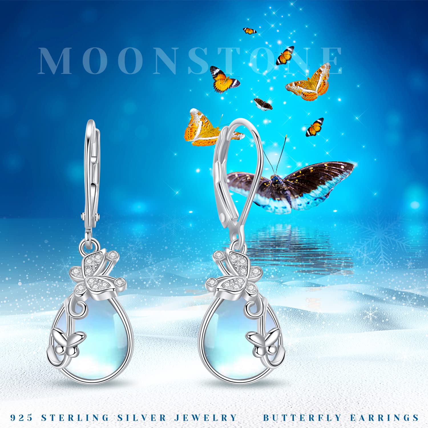 Butterfly Earrings 925 Sterling Silver Butterfly Dangle Drop Earrings with Moonstone Butterfly Leverback Jewelry Gifts for Women Girlfriends