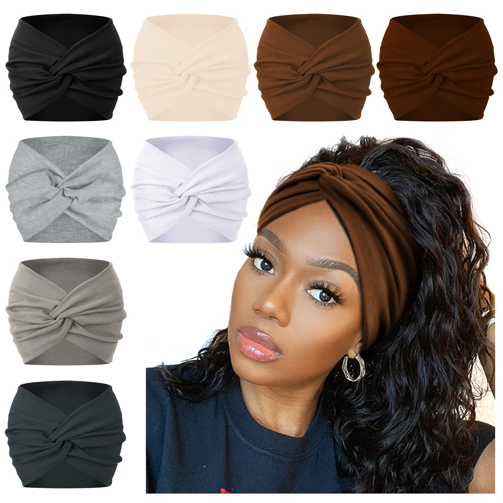 AKTVSHOW 7'' Wide Headbands for Women, Extra Large Turban Workout Headband Fashion Yoga Hair Bands Boho Twisted Thick Hair Accessories, 8Pack