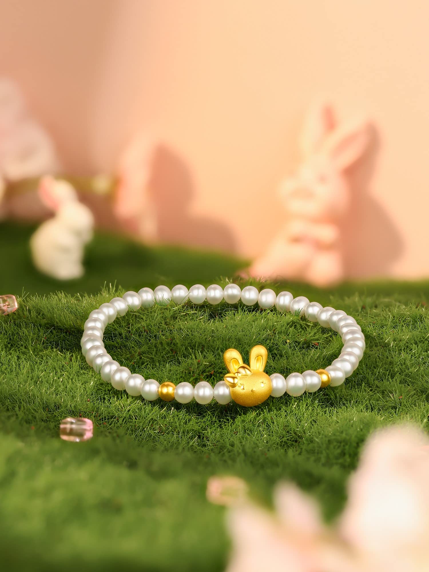 ZHOU LIU FU 24K Solid Gold Bracelets for Women, Stretchable Real Gold Rabbit Freshwater Pearl Bangle Charm Bracelets, Pure Gold White Pearls Bunny Bracelet