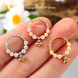 Melighting Bee Septum Rings 16G Dangle Septum Jewelry Stainless Steel 316L Flower Septum Ring Cute Daith Earrings Helix Earring Cartilage Tragus Piercing for Women