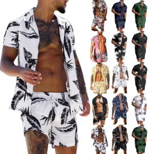 men 2 piece outfit summer stylish casual hawaiian tracksuit graphic tees tank tops beach shirts and shots sets pockets a-white