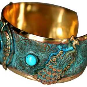 Elaine Coyne Collectible Artwear Verdigris Patina Brass Peacocks in Paradise Cuff Bracelet - Turquoise