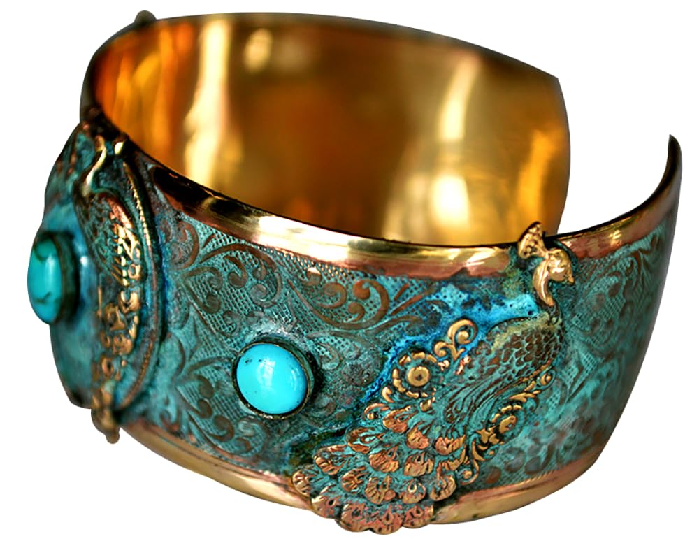 Elaine Coyne Collectible Artwear Verdigris Patina Brass Peacocks in Paradise Cuff Bracelet - Turquoise