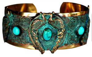 elaine coyne collectible artwear verdigris patina brass peacocks in paradise cuff bracelet - turquoise