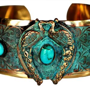 Elaine Coyne Collectible Artwear Verdigris Patina Brass Peacocks in Paradise Cuff Bracelet - Turquoise