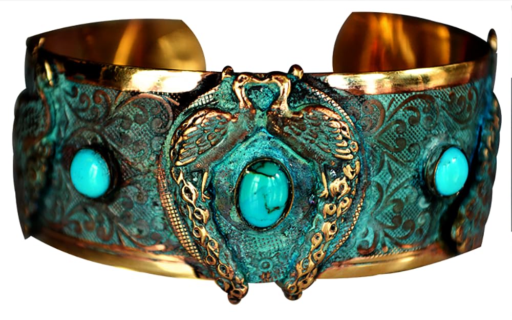 Elaine Coyne Collectible Artwear Verdigris Patina Brass Peacocks in Paradise Cuff Bracelet - Turquoise