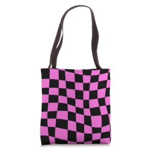 wavy black hot pink classic checkered checker checkerboard tote bag