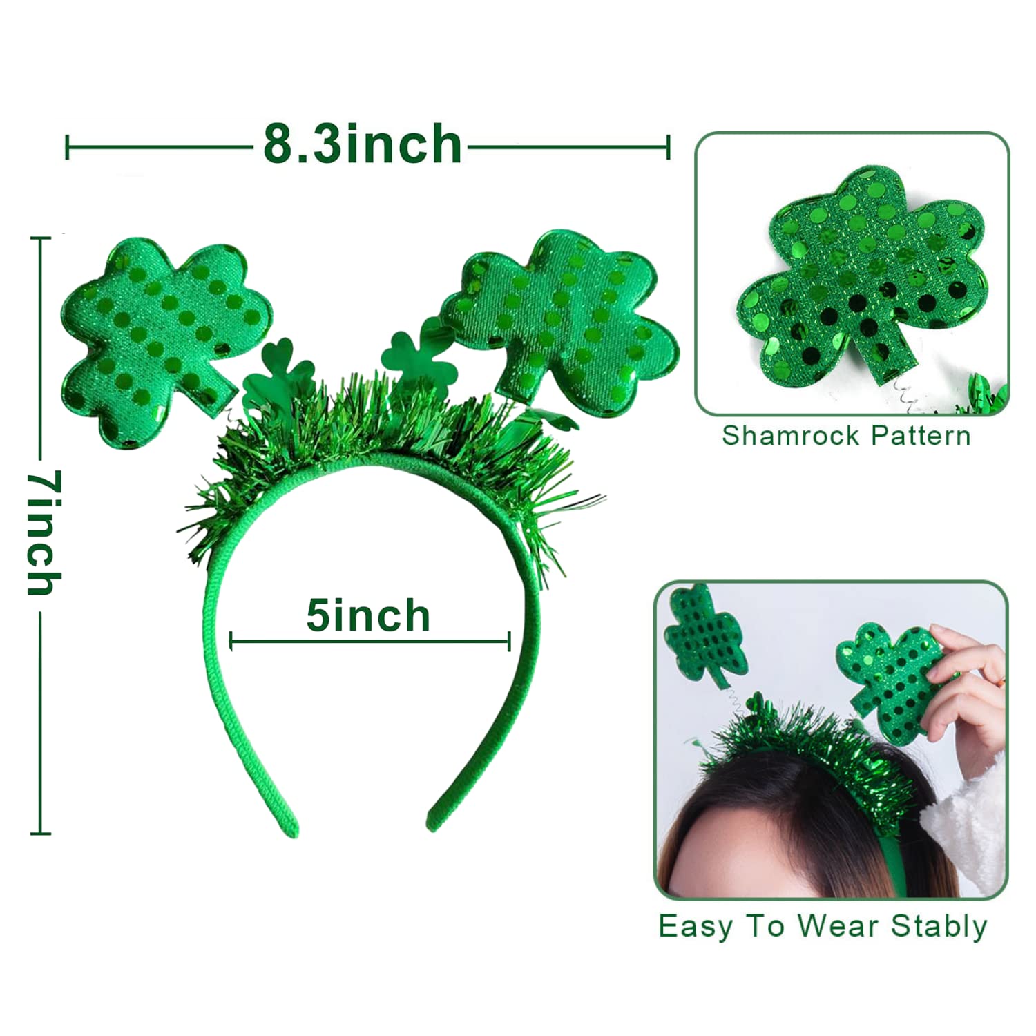 St. Patrick's Day Headband Green Shamrock Hair Band Hair Accessories Green Sequins Clover Irish Hair Band Hair Ornament Party Decorations Hair Supplies for Women Girls Cute Glitter Hair Hoop 1Pcs