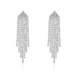 luxval rhinestone earrings dangling for women sparkly silver dangle earrings women long chandelier earrings tassel lightweight ear studs cubic zirconia crystal statement