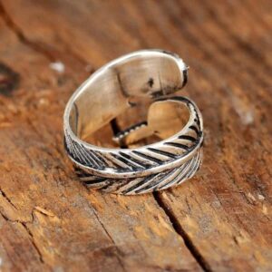 Boho Feather Turquoise Adjustable Ring,Silver Wide Nature Leaf Ring,Thumb Ring for Women Men