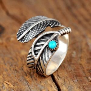 Boho Feather Turquoise Adjustable Ring,Silver Wide Nature Leaf Ring,Thumb Ring for Women Men