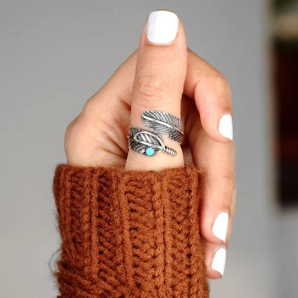 Boho Feather Turquoise Adjustable Ring,Silver Wide Nature Leaf Ring,Thumb Ring for Women Men