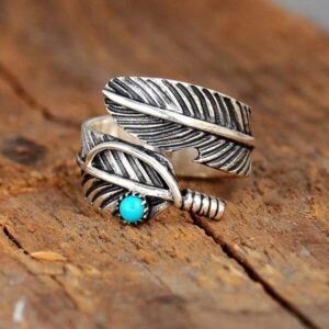 Boho Feather Turquoise Adjustable Ring,Silver Wide Nature Leaf Ring,Thumb Ring for Women Men