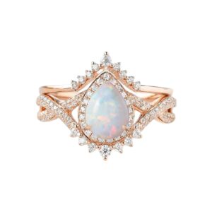 ydd 18k rose gold 1.5ct pear shaped opal engagement rings for women opal & moissanite bridal set vintage halo infinity ring set 2pcs inspired v shaped wedding band anniversary free engraved