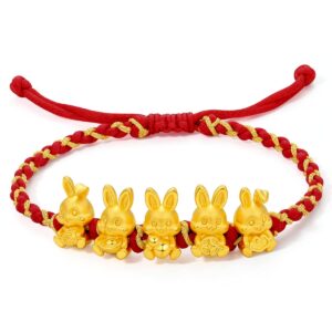 ZHOU LIU FU Real Gold Charm Bracelets for Women, Adjustable 5 Lucky Rabbit 24K Solid Gold Jewelry Braided Red Bracelet, Fortune Rabbit Charm Bracelets Lucky Bunny Pure Gold Bangle Bracelets