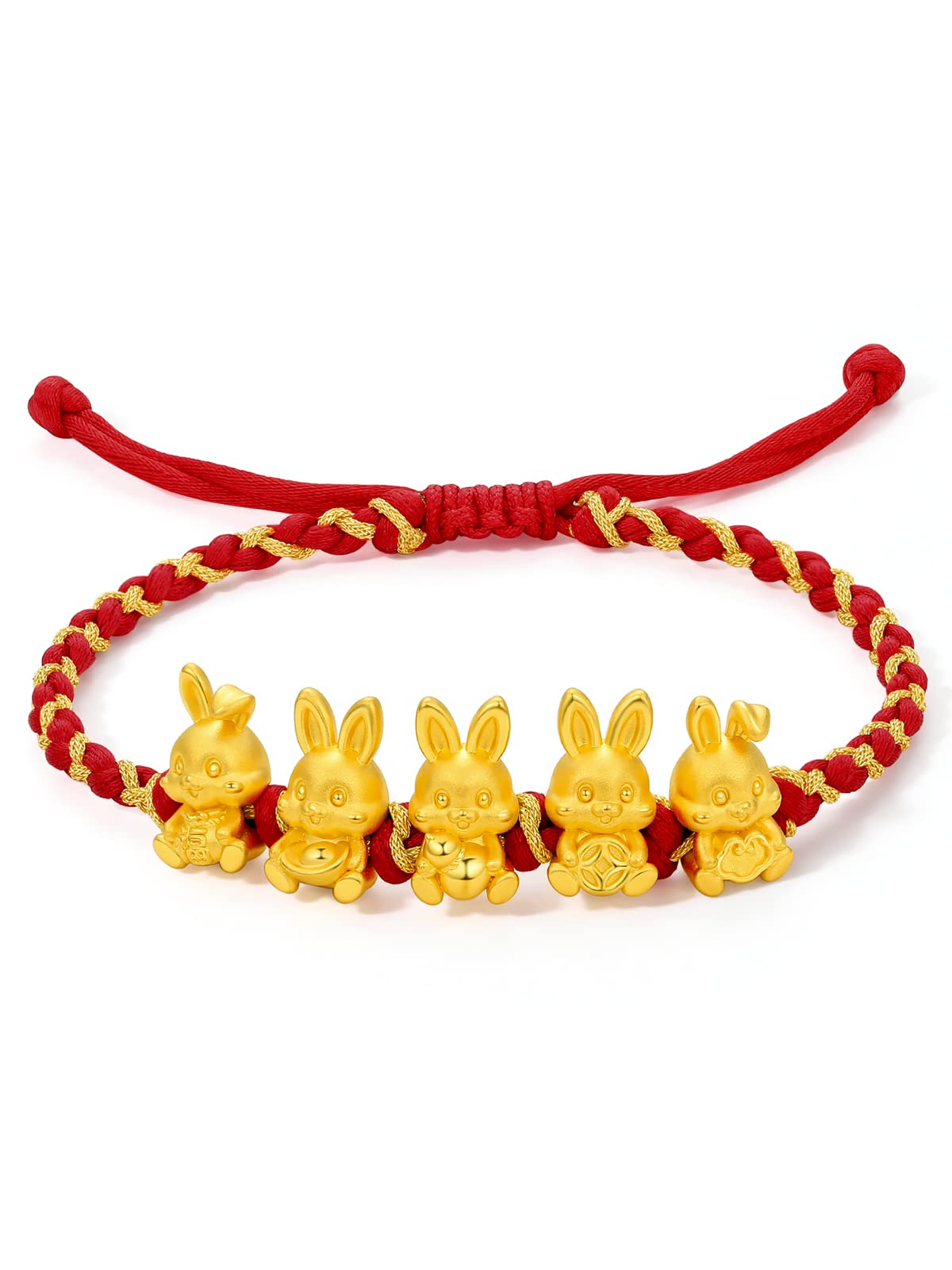 ZHOU LIU FU Real Gold Charm Bracelets for Women, Adjustable 5 Lucky Rabbit 24K Solid Gold Jewelry Braided Red Bracelet, Fortune Rabbit Charm Bracelets Lucky Bunny Pure Gold Bangle Bracelets