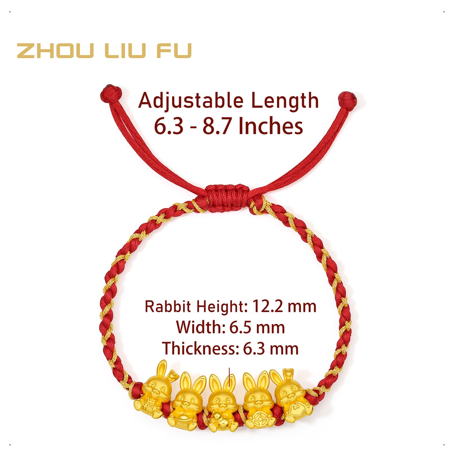 ZHOU LIU FU Real Gold Charm Bracelets for Women, Adjustable 5 Lucky Rabbit 24K Solid Gold Jewelry Braided Red Bracelet, Fortune Rabbit Charm Bracelets Lucky Bunny Pure Gold Bangle Bracelets