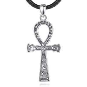 eudora sterling silver ankh cross necklace for women men, cross of life necklaces religious ancient egyptian rune pendant vintage ancient egypt cross jewelry, gift for women men, 24inch