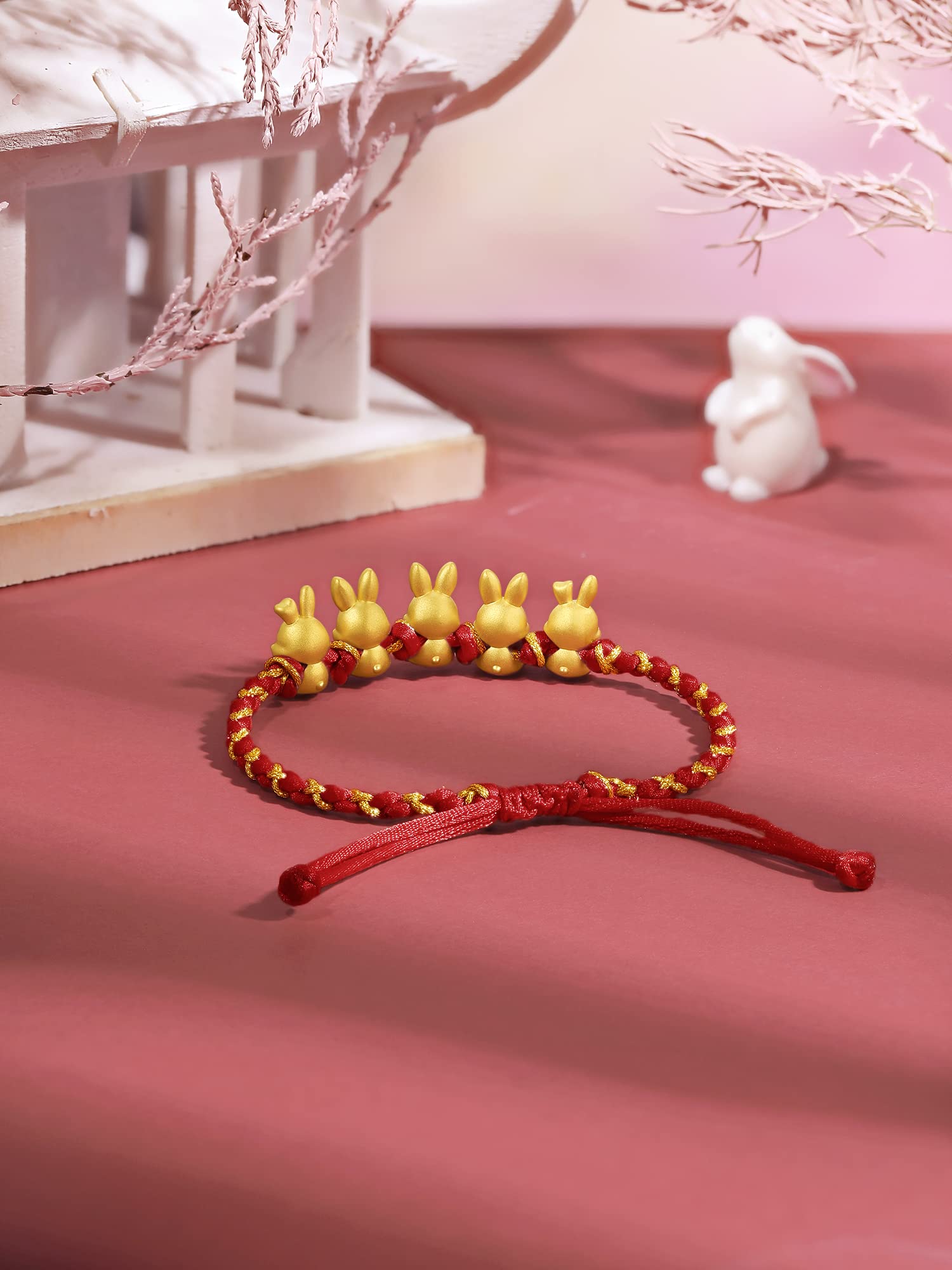 ZHOU LIU FU Real Gold Charm Bracelets for Women, Adjustable 5 Lucky Rabbit 24K Solid Gold Jewelry Braided Red Bracelet, Fortune Rabbit Charm Bracelets Lucky Bunny Pure Gold Bangle Bracelets