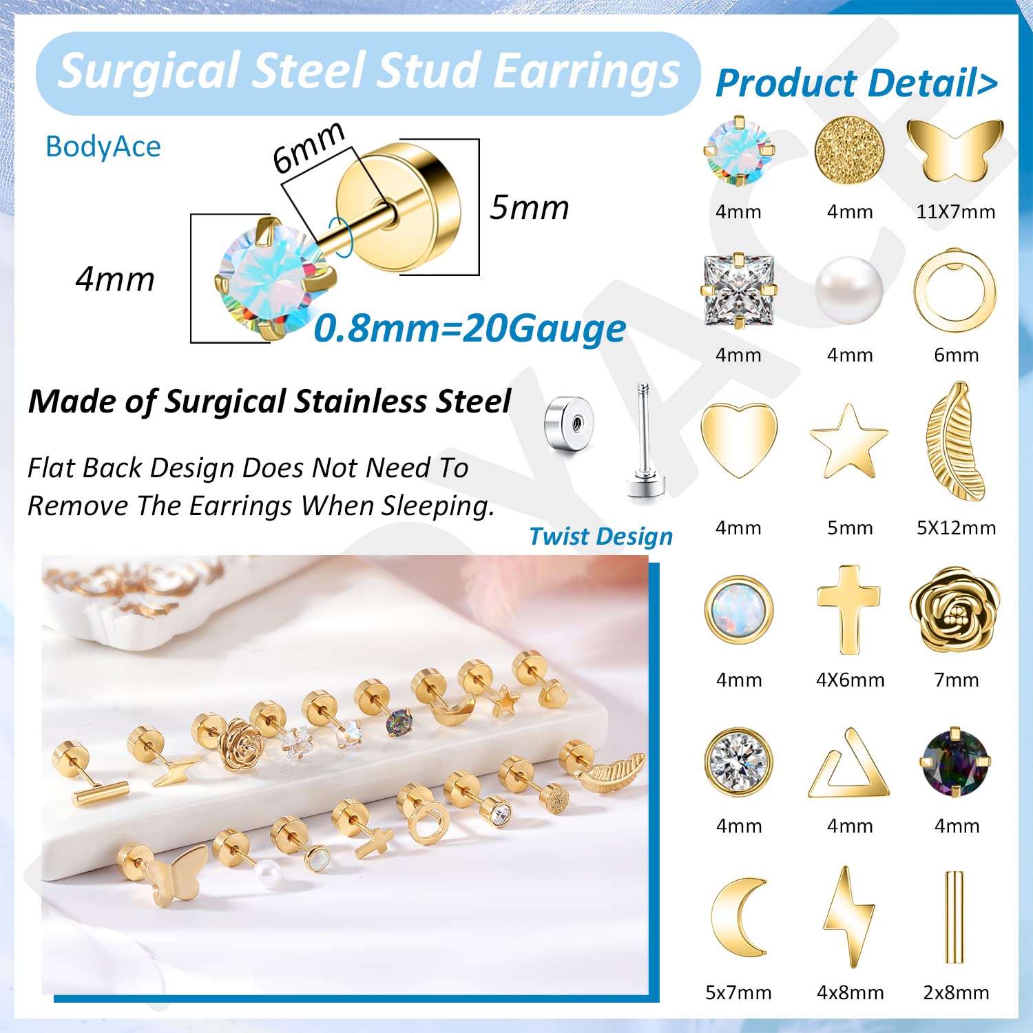 BodyAce Surgical Steel Earrings for Women, Hypoallergenic Flat Back Earrings Cartilage Hoops, CZ Star Heart Stud Earring Tragus Helix Piercing Jewelry [F:9 Pairs Earrings Gold]