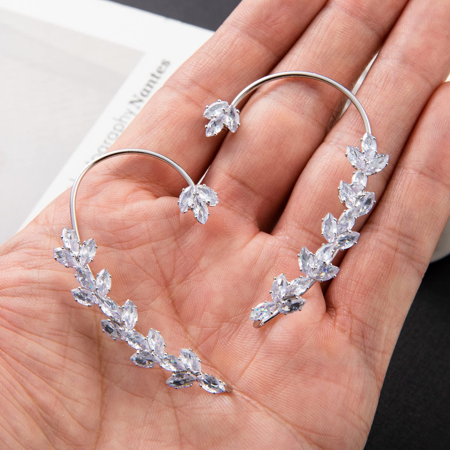 LOREMOW 2 Pair CZ Flower Ear Clip Earrings for Women Clip on Earrings Non Pierced Earring Wrap Earrings Set Silver