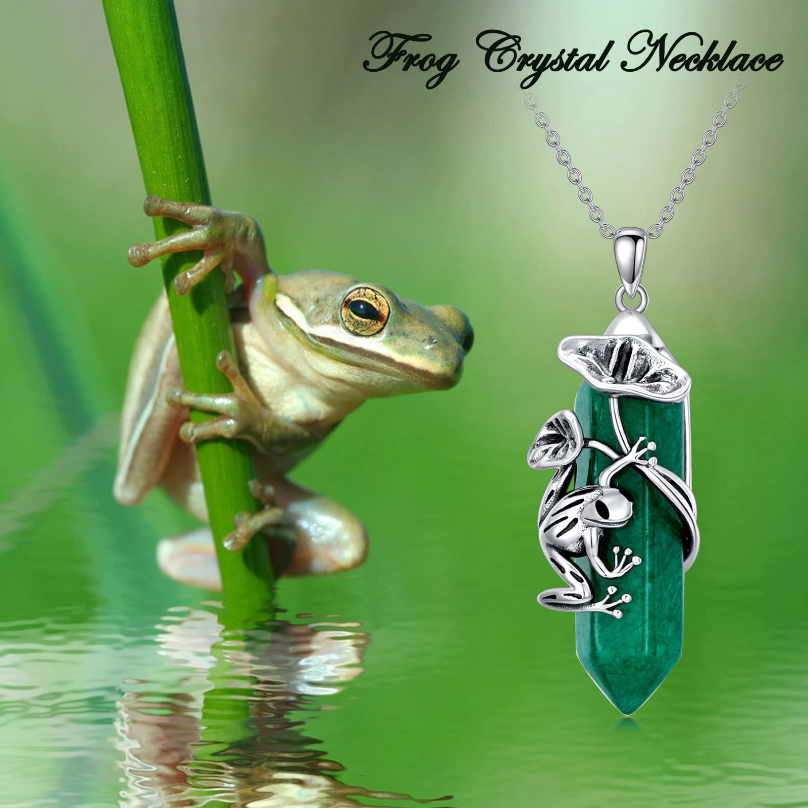 Plesitep Frog Necklace 925 Sterling Silver Reiki Healing Crystal Hexagonal Green Quartz Frog Pendant Necklace for Women May Birthstone Jewelry