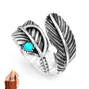 boho feather turquoise adjustable ring,silver wide nature leaf ring,thumb ring for women men