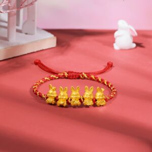 ZHOU LIU FU Real Gold Charm Bracelets for Women, Adjustable 5 Lucky Rabbit 24K Solid Gold Jewelry Braided Red Bracelet, Fortune Rabbit Charm Bracelets Lucky Bunny Pure Gold Bangle Bracelets