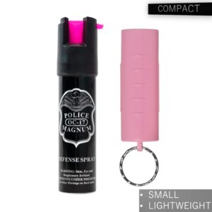 Police Magnum Mini Pepper Spray Self Defense Safety Tool- Strong Keyring Holder- Small discreet Canister Case- Made in The USA- 2 Pack 3/4oz Twist Lock Pink Sleeve Keyring