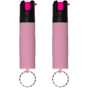 police magnum mini pepper spray self defense safety tool- strong keyring holder- small discreet canister case- made in the usa- 2 pack 3/4oz twist lock pink sleeve keyring